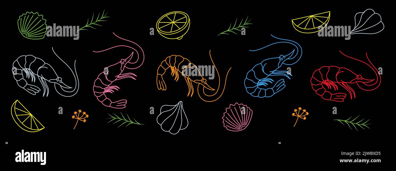 Shrimp horizontal outline banner. Seafood dish silhouette with herbs ...