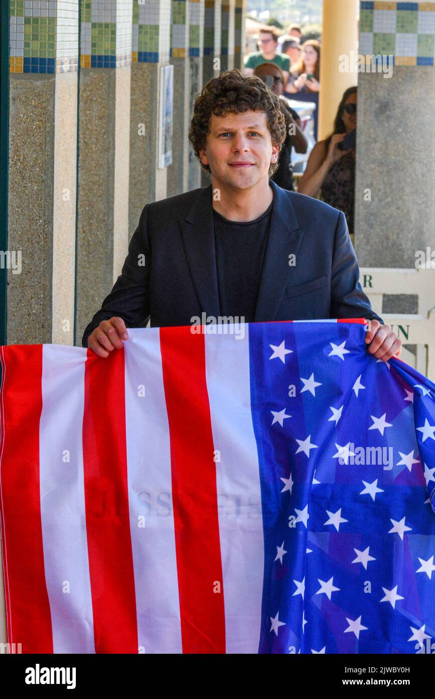 Jesse Eisenberg poses during the unveiling of his dedicated beach ...