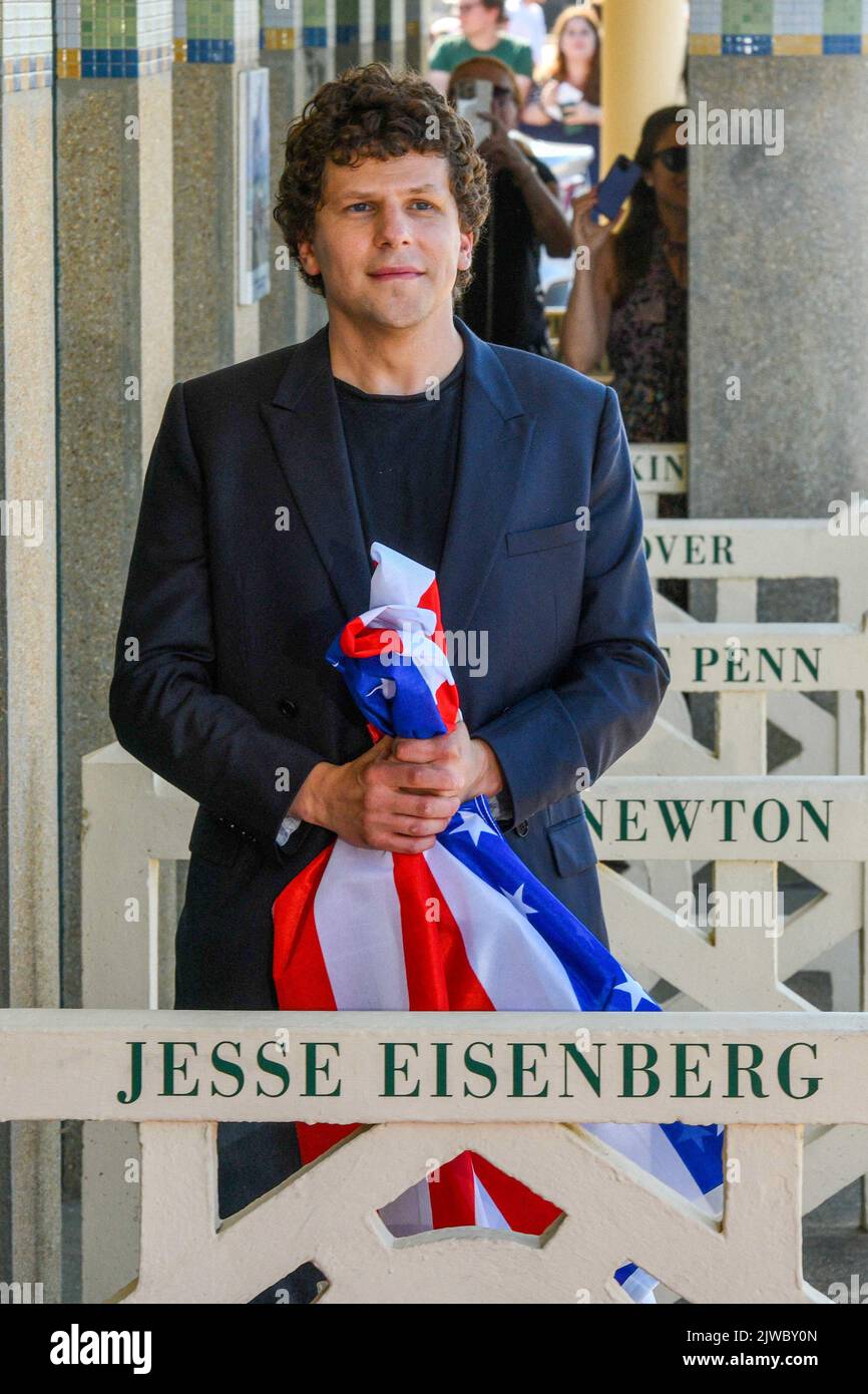 Jesse Eisenberg poses during the unveiling of his dedicated beach ...