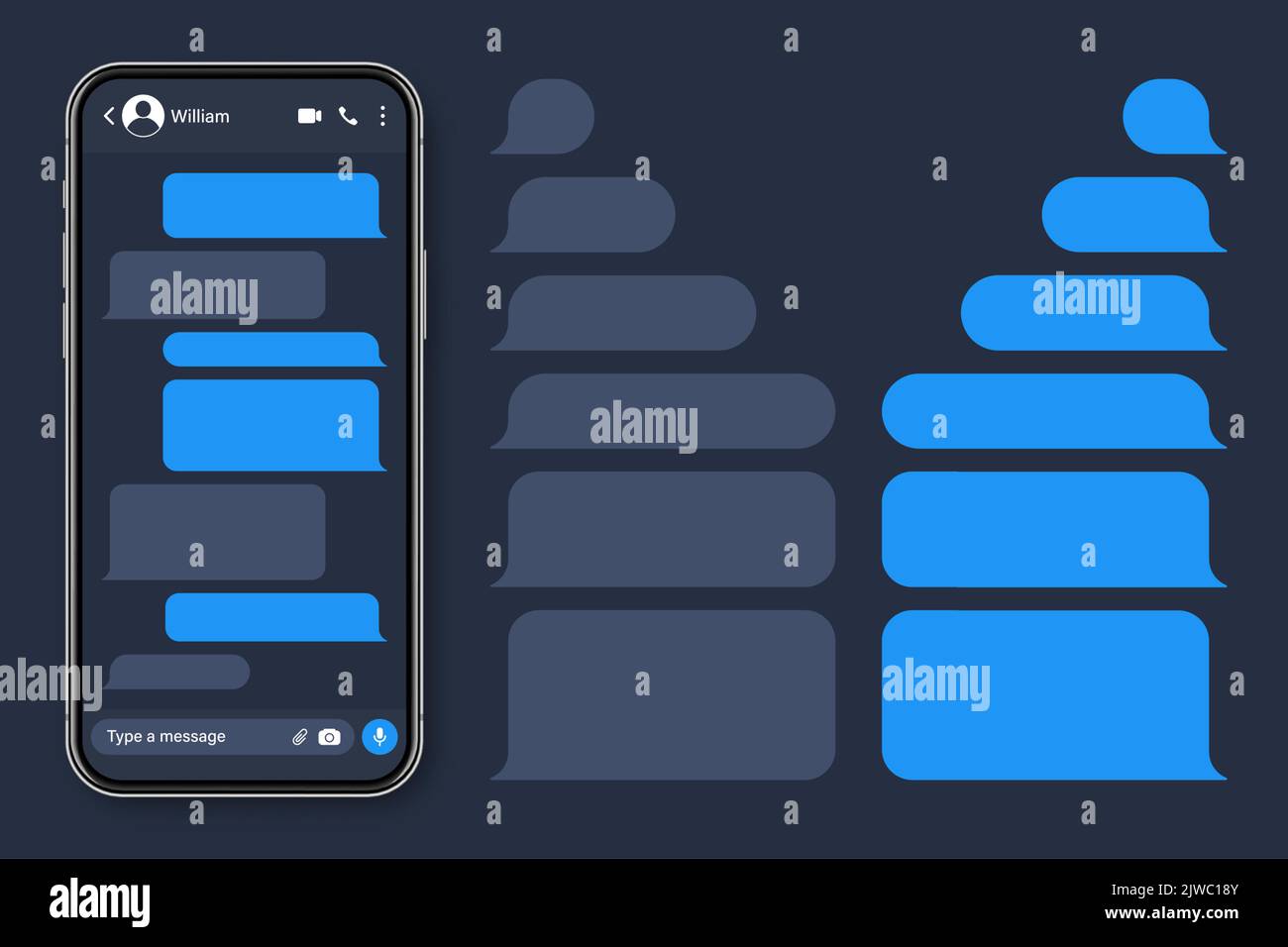 Realistic smartphone with messaging app. Blank SMS text frame ...