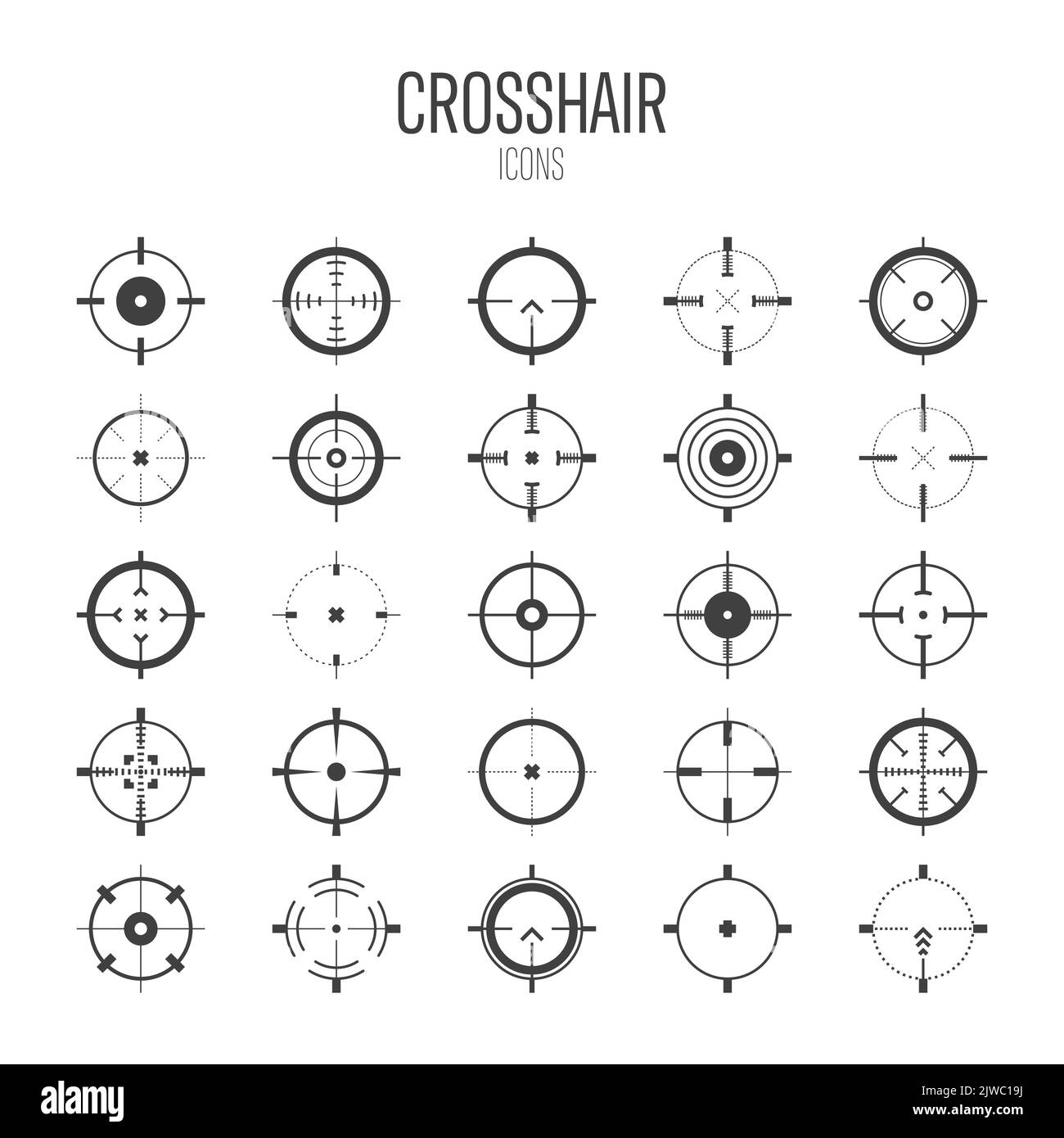Crosshair, gun sight vector icons. Bullseye, black target or aim symbol ...