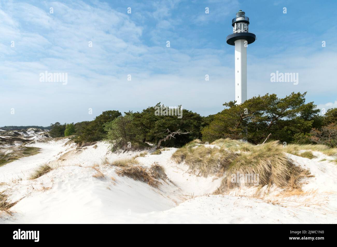 dune and white sands with lighthouse, Dueodde, isle of Bornholm Denmark ...