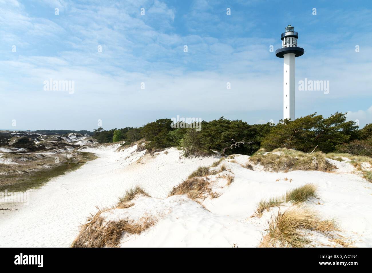 dune and white sands with lighthouse, Dueodde, isle of Bornholm Denmark ...
