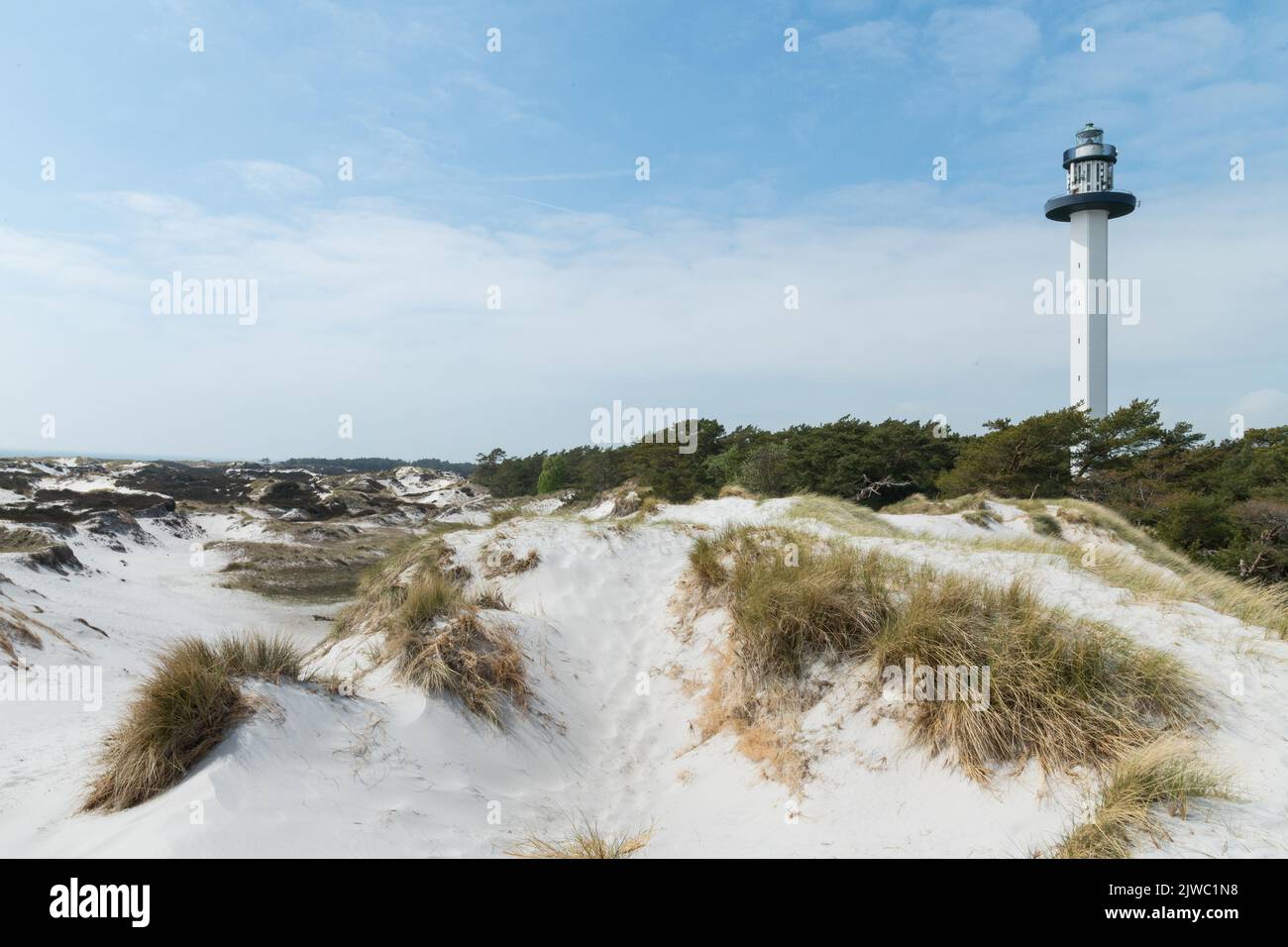 dune and white sands with lighthouse, Dueodde, isle of Bornholm Denmark ...