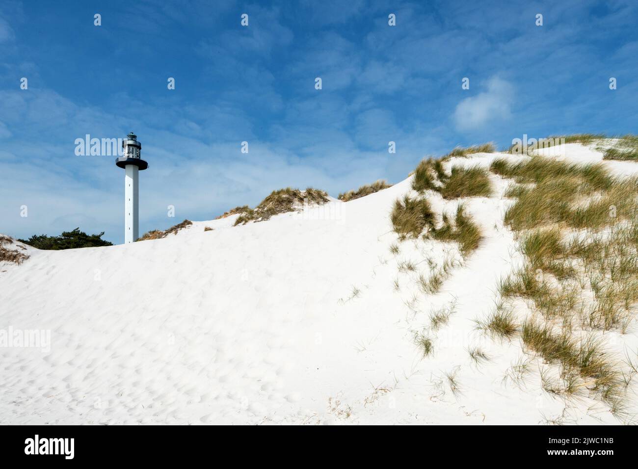 dune and white sands with lighthouse, Dueodde, isle of Bornholm Denmark ...