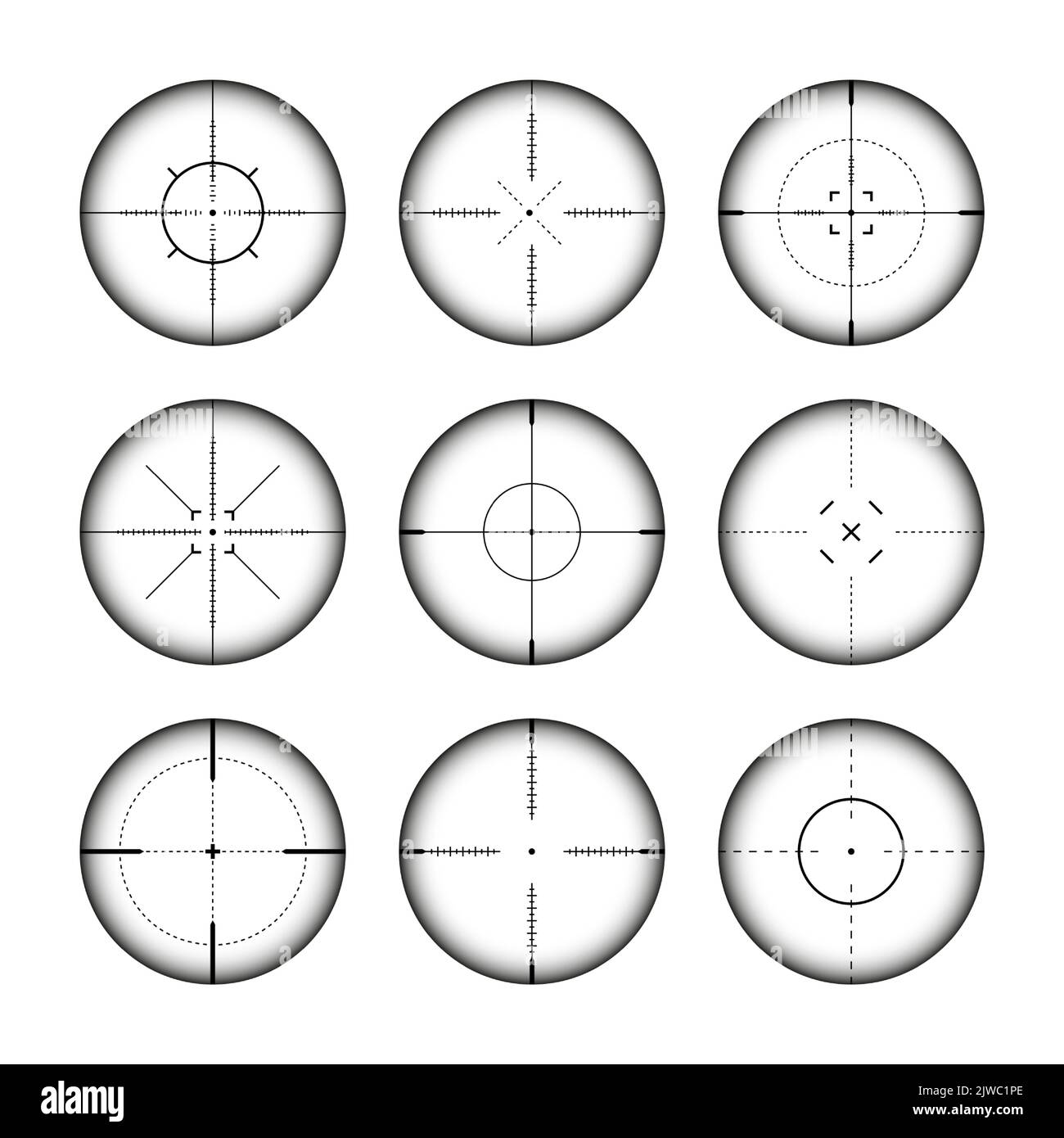 Various weapon sights, sniper rifle optical scopes. Hunting gun ...