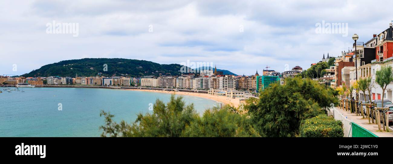 Panoramic view of La Concha bay and beach in San Sebastian Donostia ...
