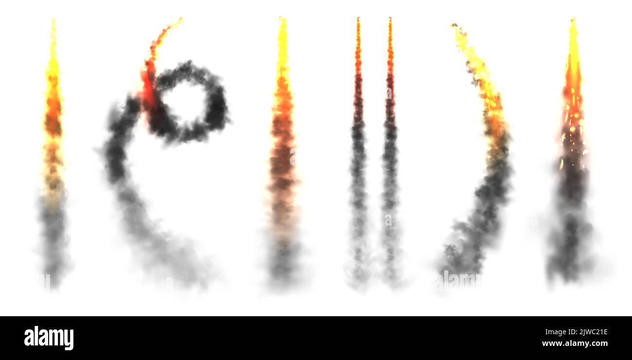 Realistic black smoke with fire, space rocket launch trails. Fire burst ...