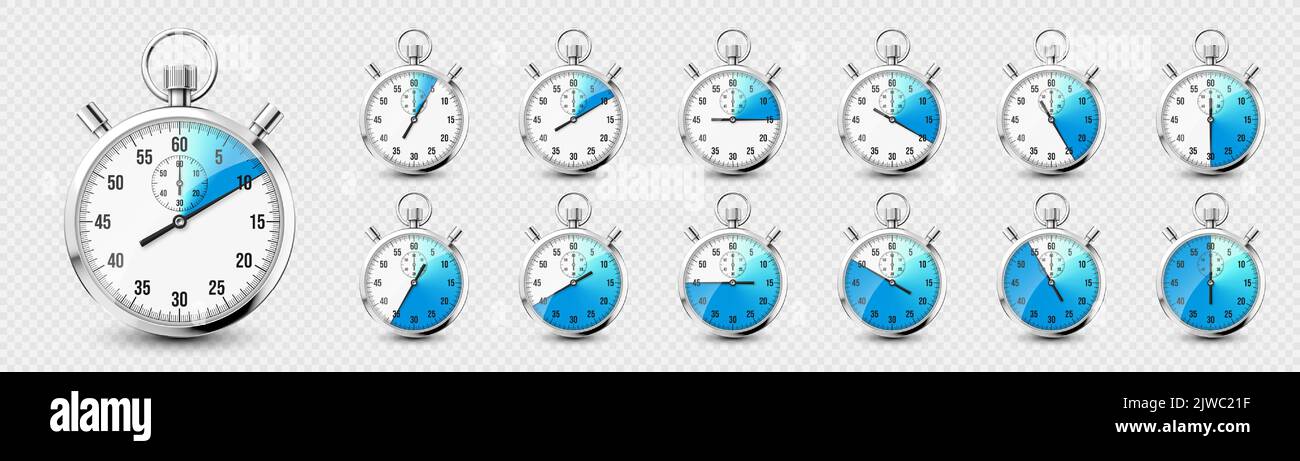 Realistic classic stopwatch icons. Shiny metal chronometer, time ...