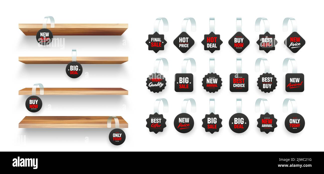 Wooden store shelves with supermarket promotional wobblers. Product ...