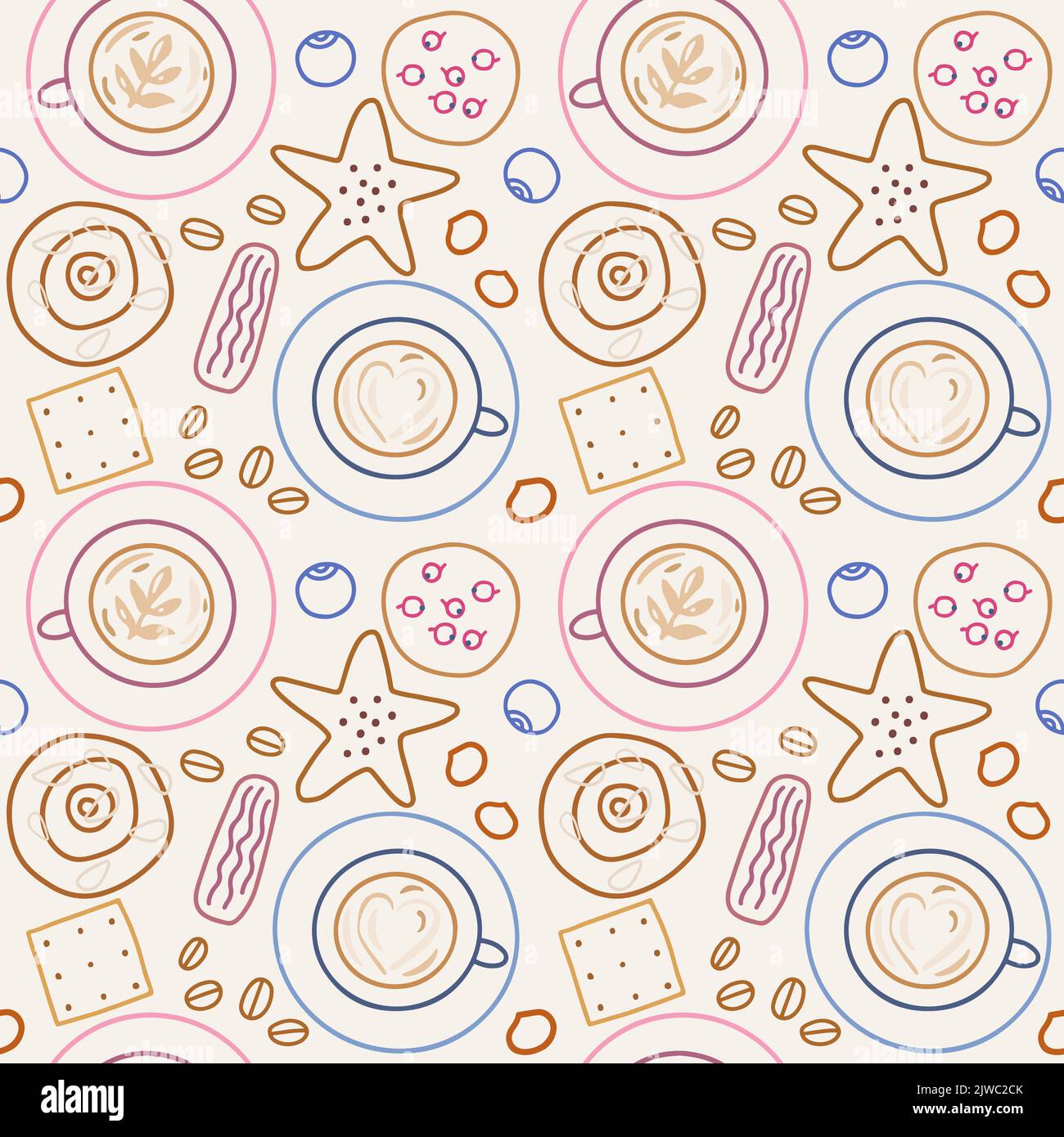 Cups of coffee and sweets in line art, doodle style. Coffee break ...