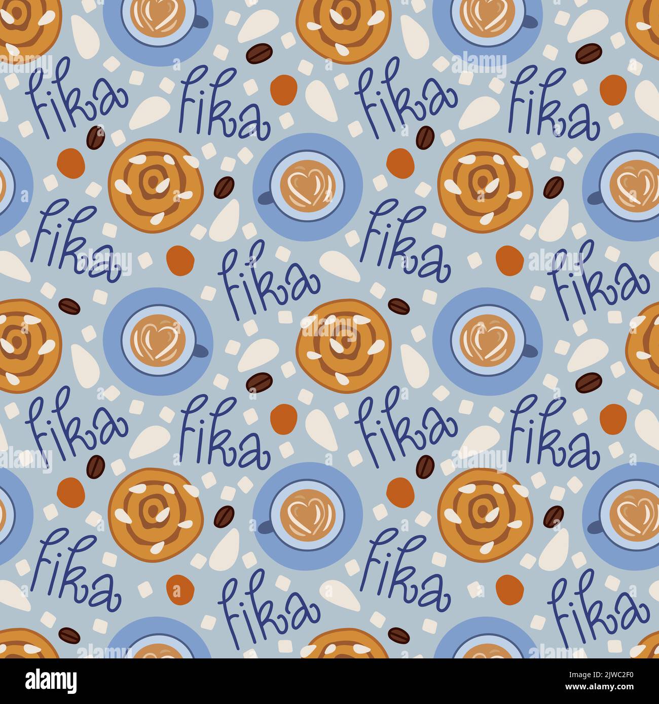 Fika seamless pattern. Cups of coffee top view, sweets and word Fika on ...