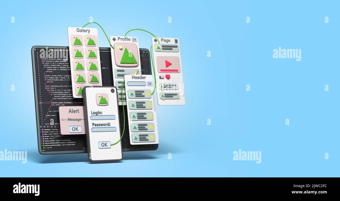 mobile software development concept smartphone with ui elements around 3d render on blue Stock ...