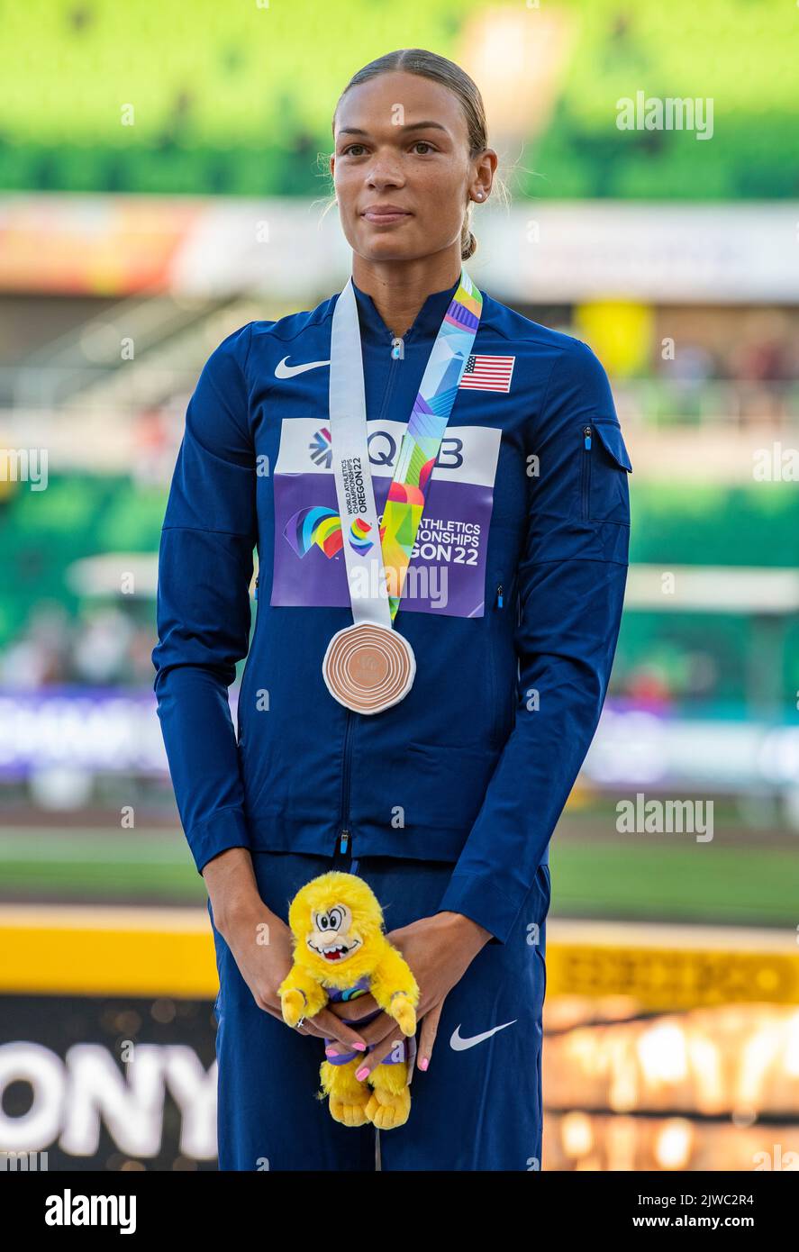 Anna Hall of the USA bronze medal presentation at the World Athletics ...