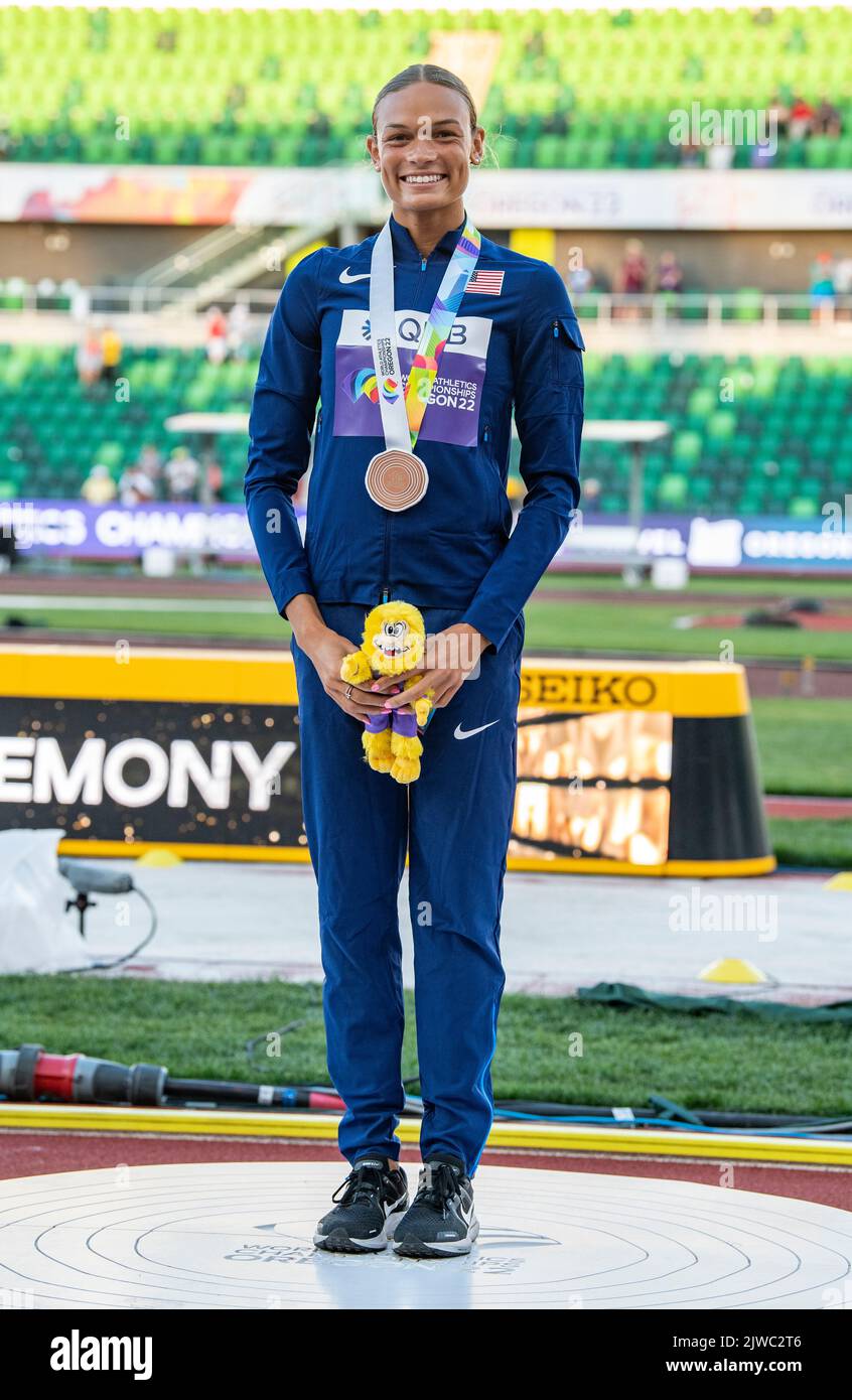 Anna Hall of the USA bronze medal presentation at the World Athletics ...