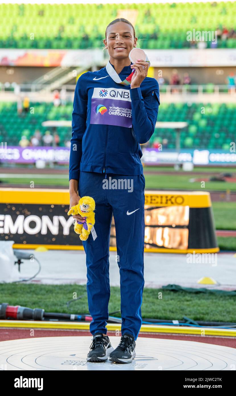 Anna Hall of the USA bronze medal presentation at the World Athletics ...