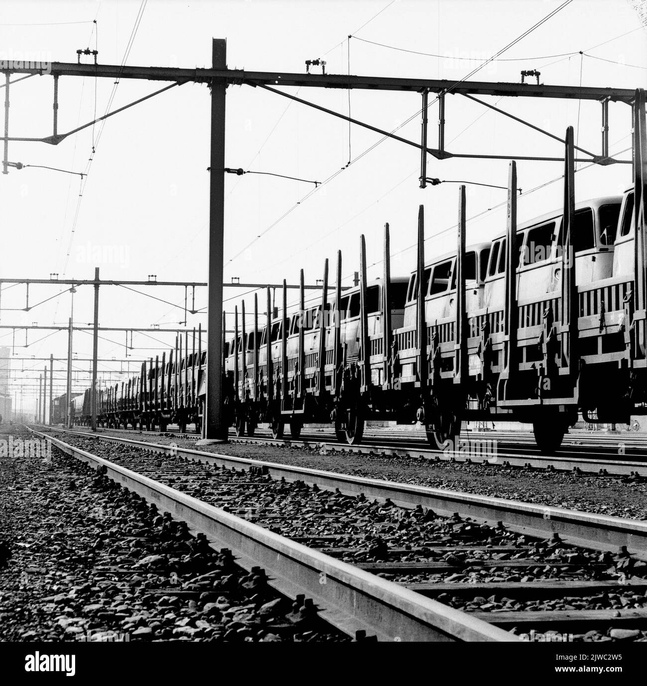 Image of a freight train with rungwagen, loaded with Volkswagen buses ...