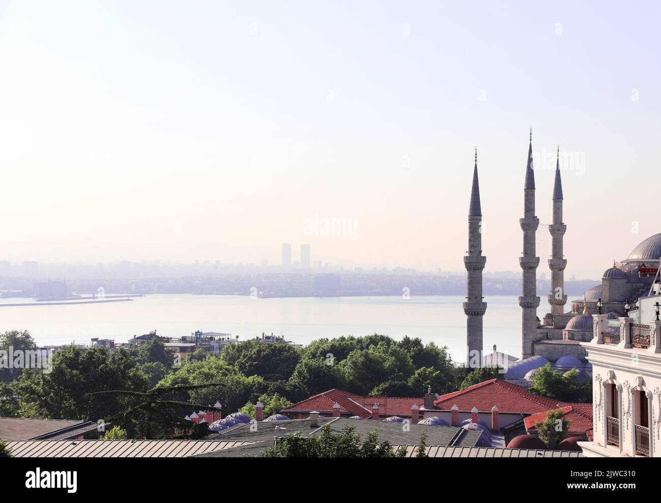 Aerial view of Sultanahmet district, Bosphorus and new residential ...