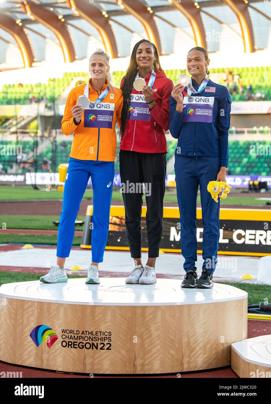 Anouk Vetter, Nafissatou Thiam and Anna Hall medal presentation at the ...