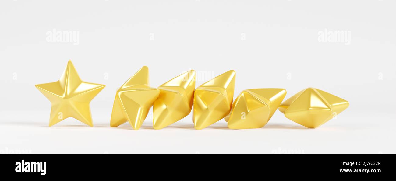 3D Golden stars align on white background. Metallic stars' line up. 3D ...