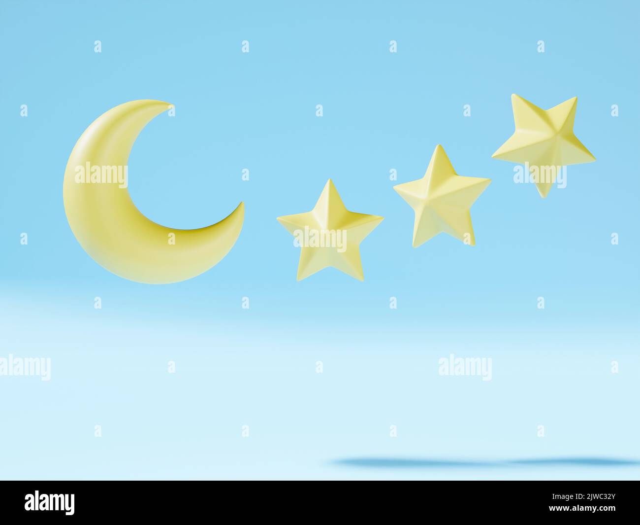 3D yellow crescent moon and 3 stars on blue background. 3D Rendering ...