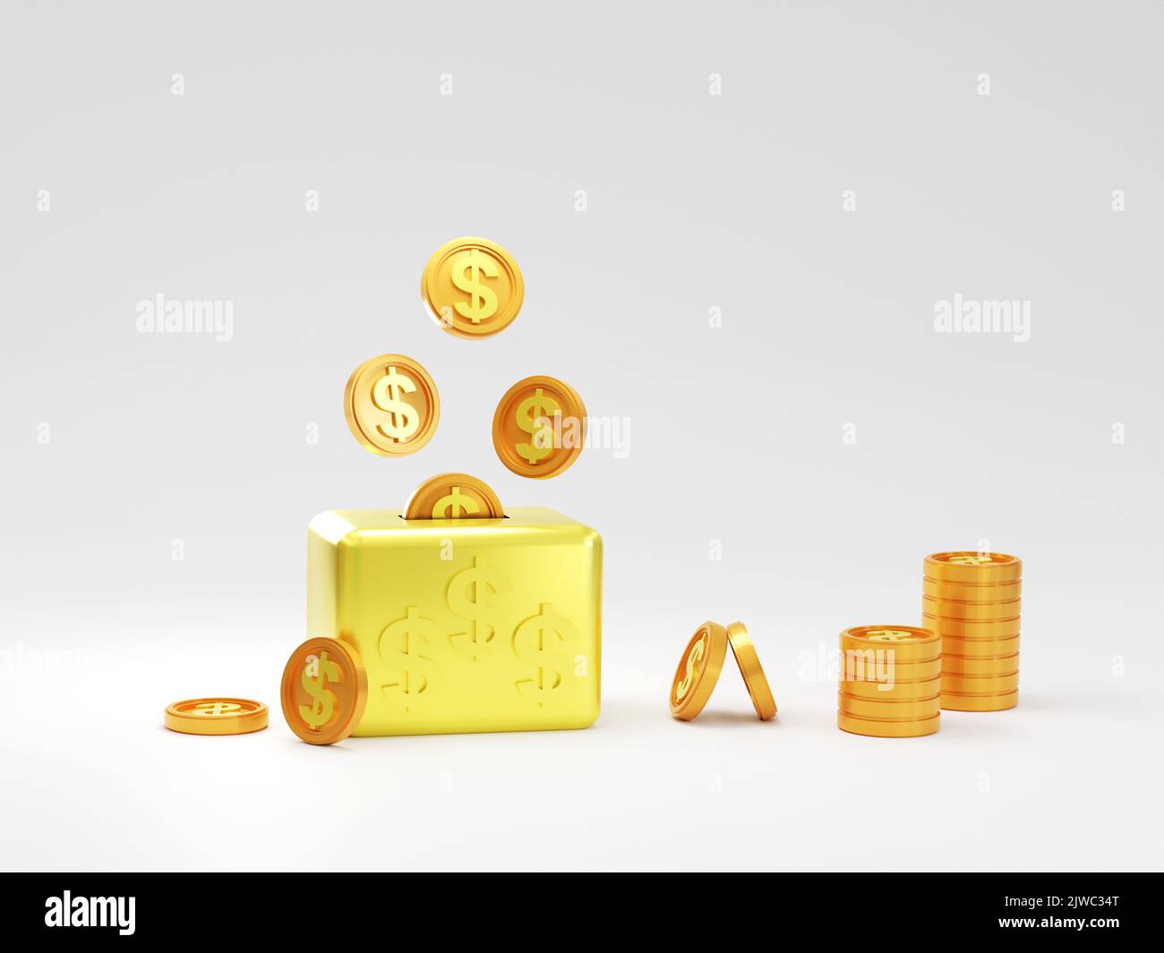 3D Gold coins with golden box on white background. 3D rendering. Money ...