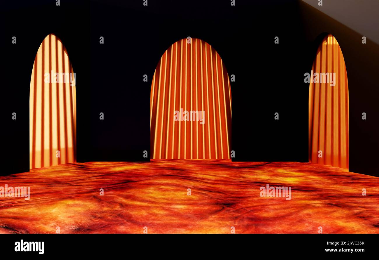 Three doors with curtain on lava floors. Background to show products ...
