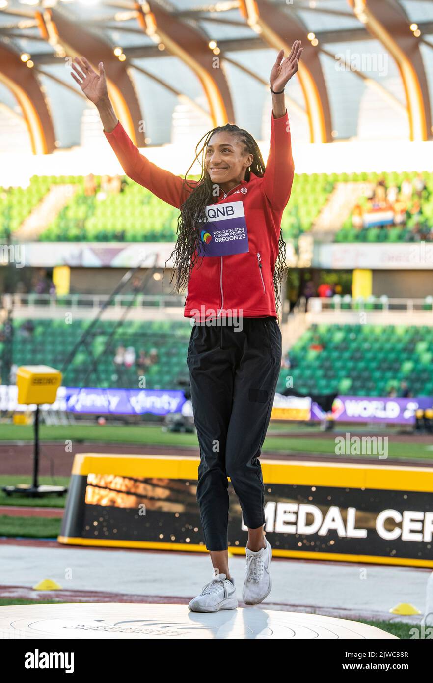 Nafissatou Thiam of Belgium gold medal presentation at the World ...