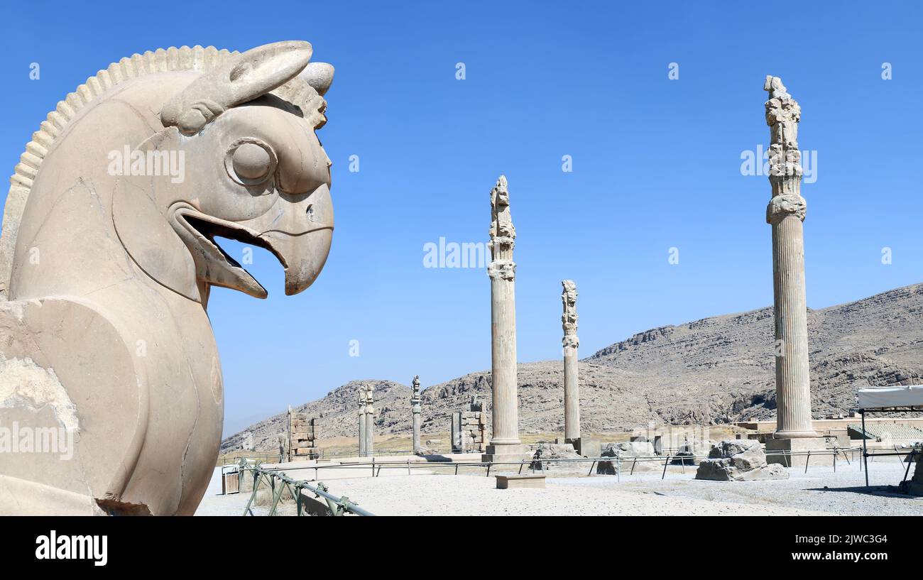 Stone sculpture of griffin and columns of Apadana Palace built by ...