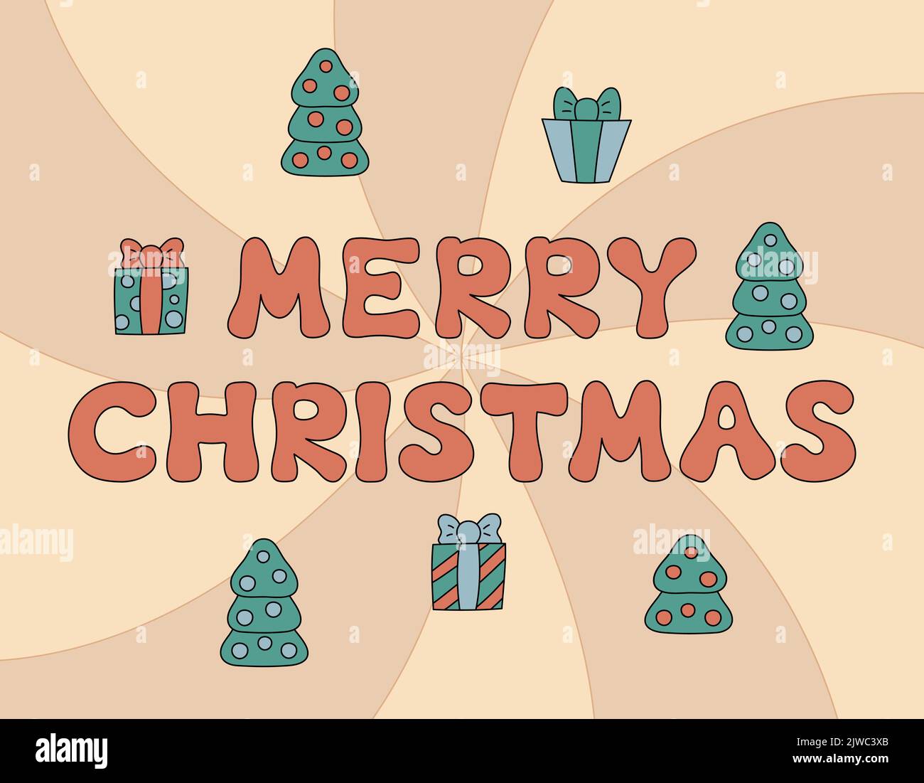 Merry Christmas groovy greeting card. Text in 60s 70s style. Retro ...