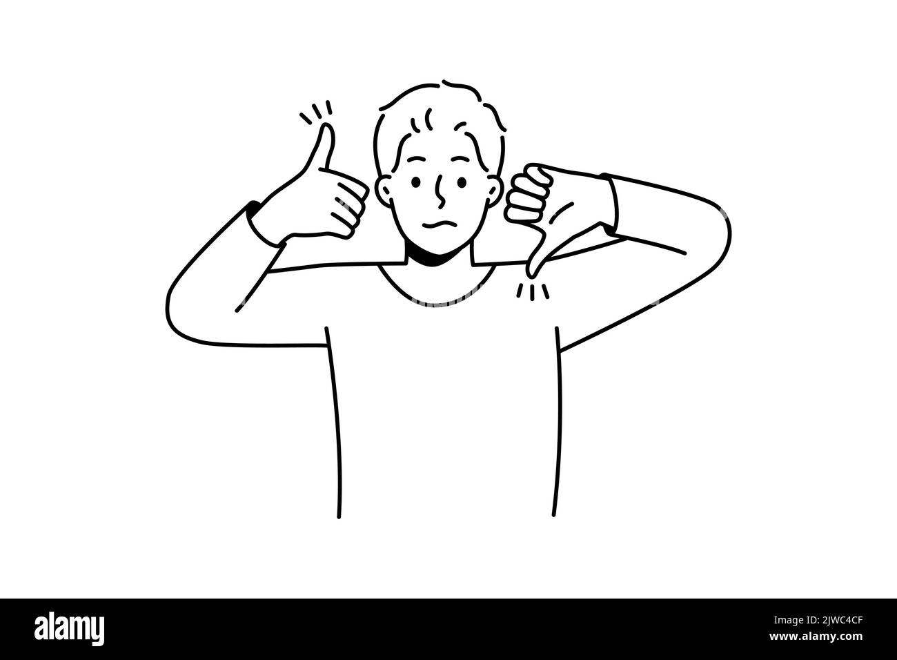 Frustrated man show like and dislike hand gestures demonstrate client ...