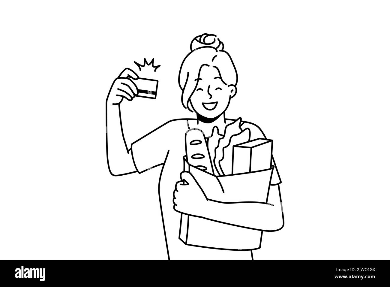 Smiling woman customer shopping in supermarket with credit card. Happy ...