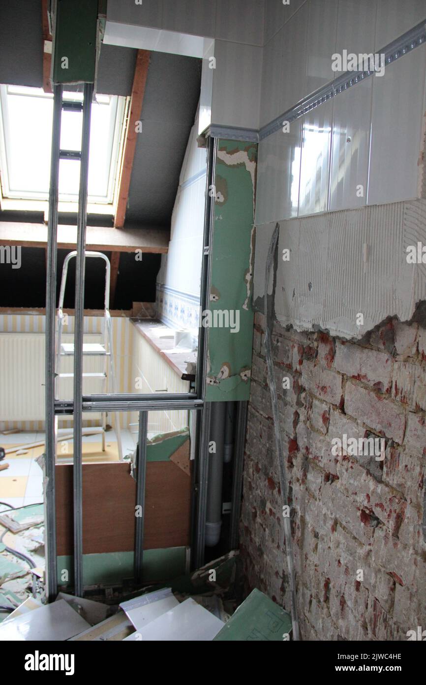 The vertical view of a house renovation scene with a ladder and rotten ...