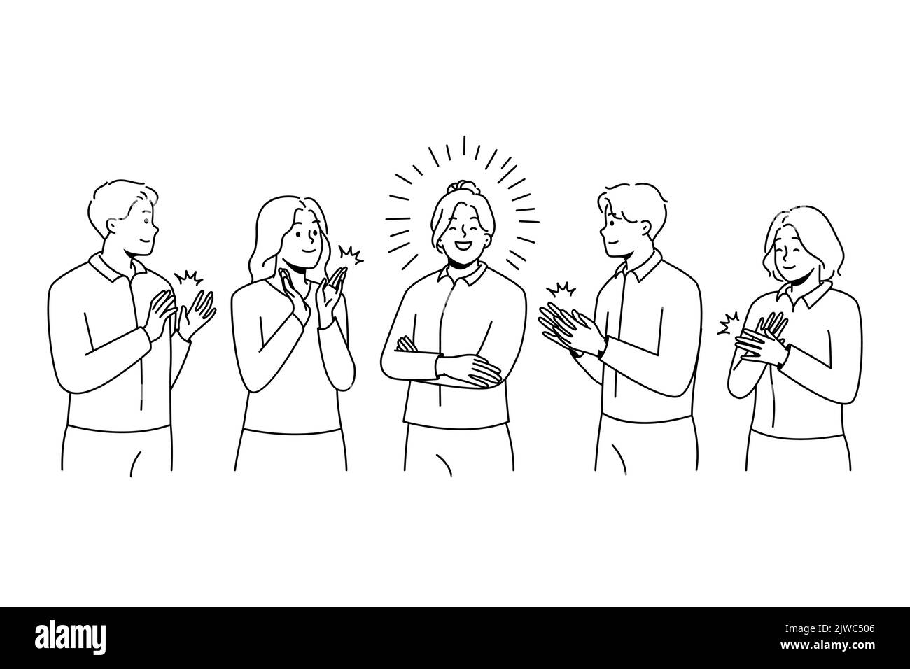 Happy colleague applaud greeting successful businesswoman with personal ...