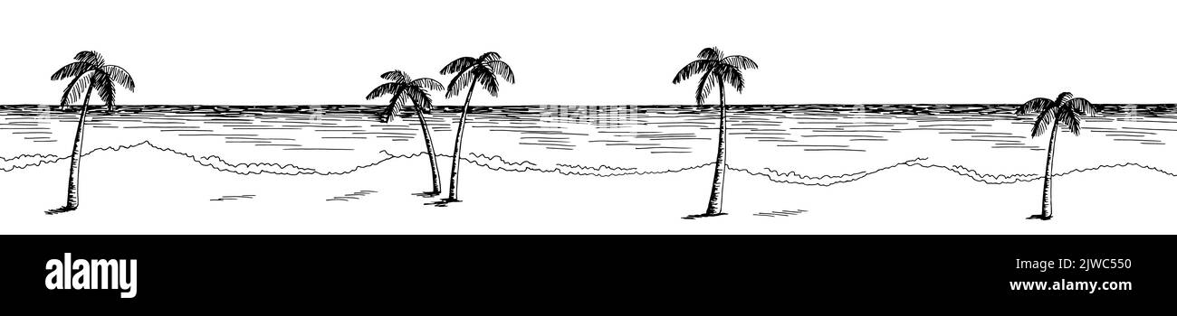 Sea coast graphic black white long landscape sketch illustration vector ...