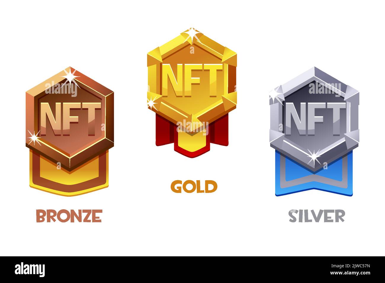 NFT award badge for game resources in different metals. Gold, silver ...