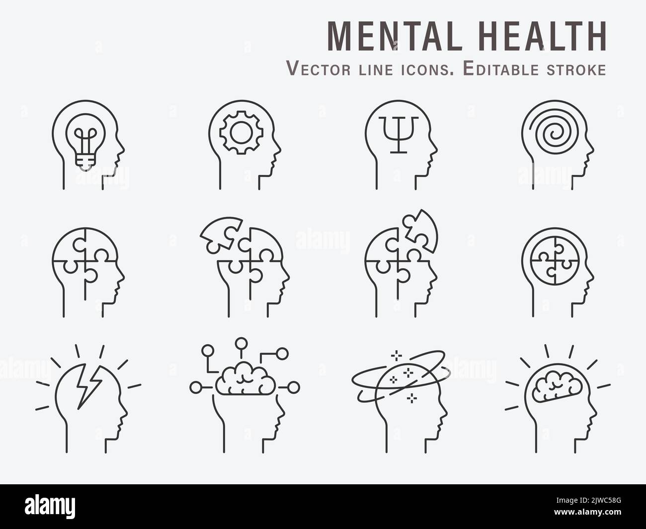 Mental health icons, such as brain, mind, anxiety, depression and more ...