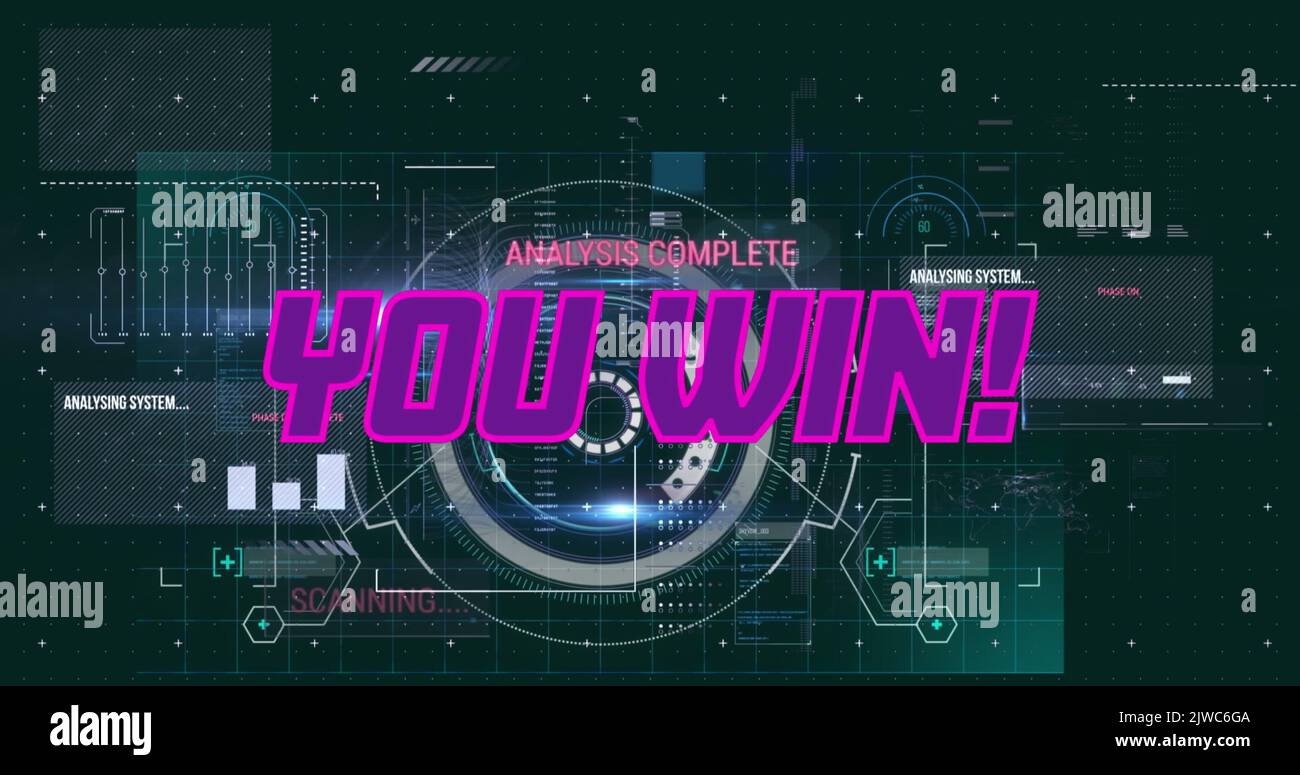 Image of you win text and data processing on black background Stock ...