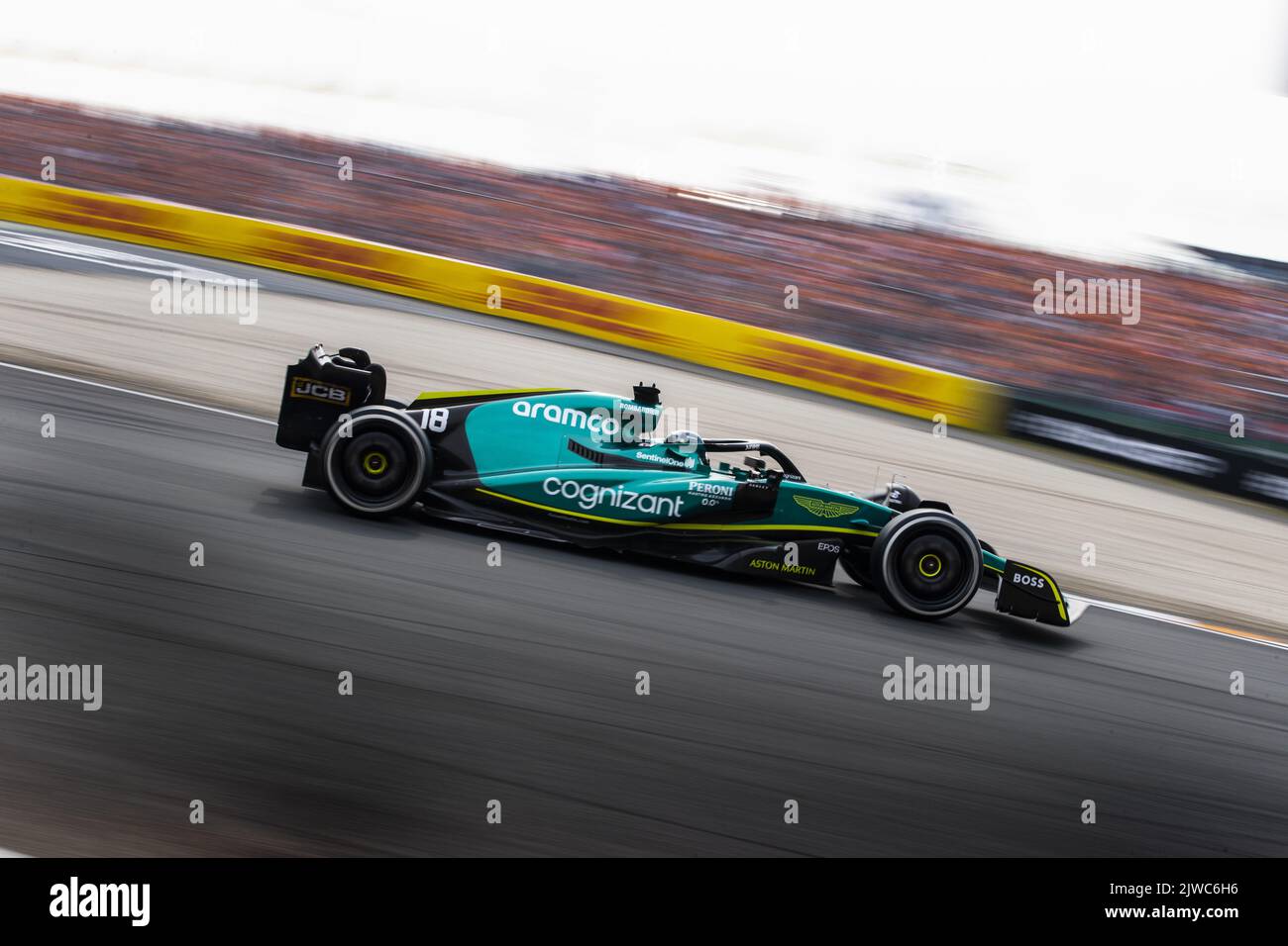 ZANDVOORT - Lance Stroll (18) driving the Aston Martin AMR22 during the ...