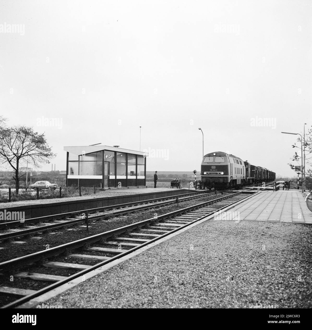 View of the N.S. station Sappemeer Oost in Sappemeer with a freight ...