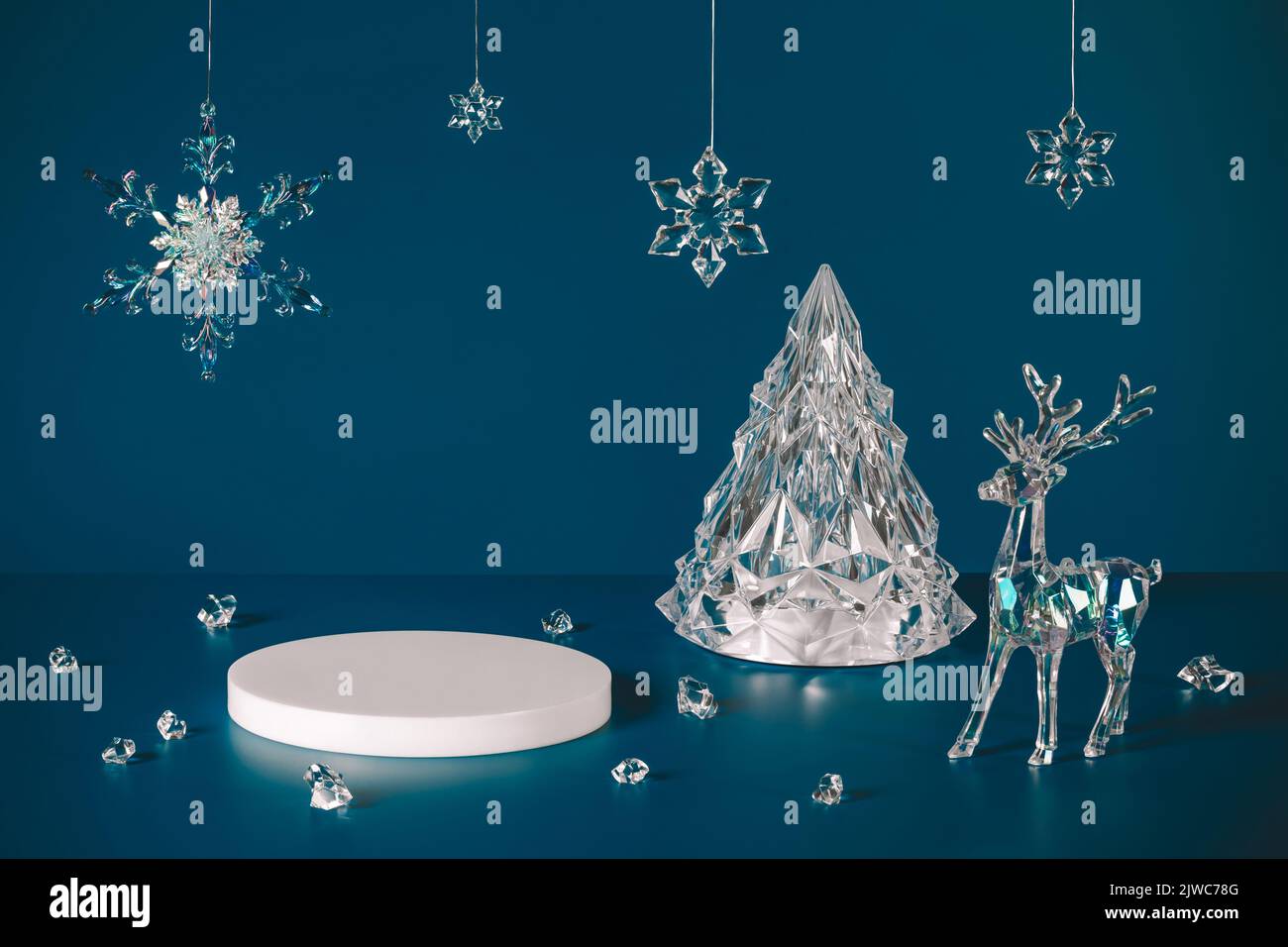 Empty podium stage Christmas decorations on dark blue background Stock ...