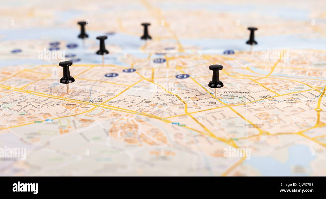 Pins on map. Trip route planning. Travelling, journey concept. Marking ...