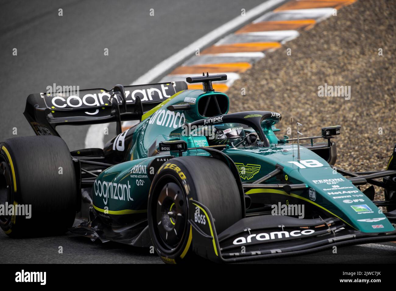ZANDVOORT - Lance Stroll (18) driving the Aston Martin AMR22 during the ...