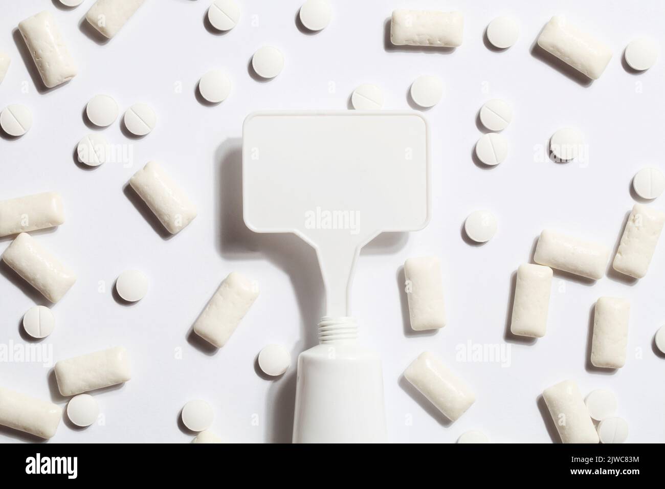 Titanium dioxide, E171, dangerous additive concept. gum, pills ...