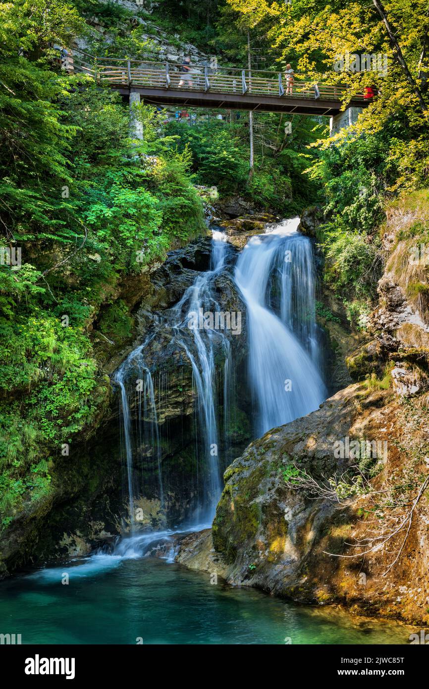 Sum Waterfall on Radovna River in Vintgar Gorge with footbridge above ...