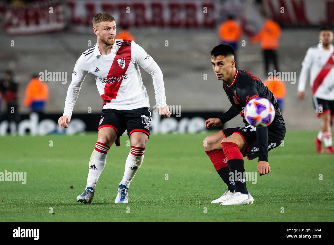 Lucas Beltran and Juan Ignacio Diaz of Barracas seen in action during a ...