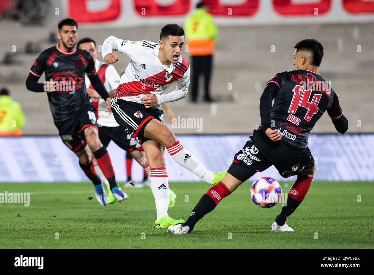 Pablo Solari and Juan Ignacio Diaz of Barracas seen in action during a ...