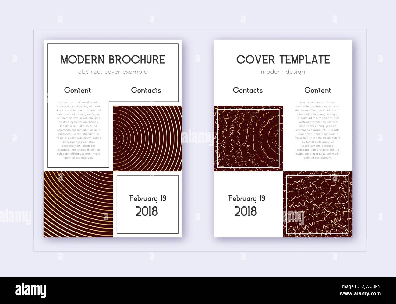 Business cover design template set. Gold abstract lines on maroon ...