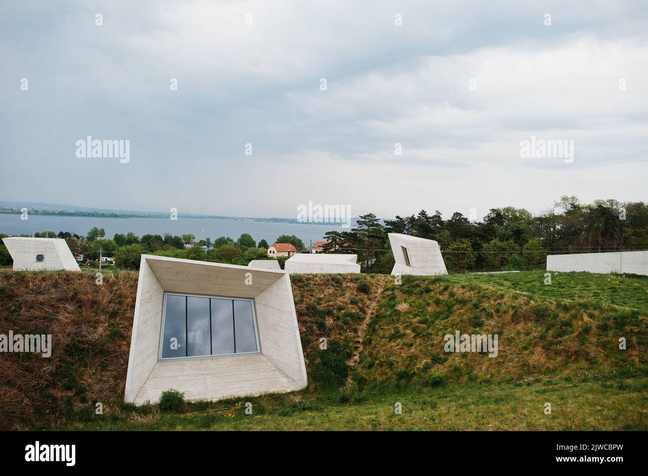 Modern futuristic building stone wall with window outdoor Stock Photo ...