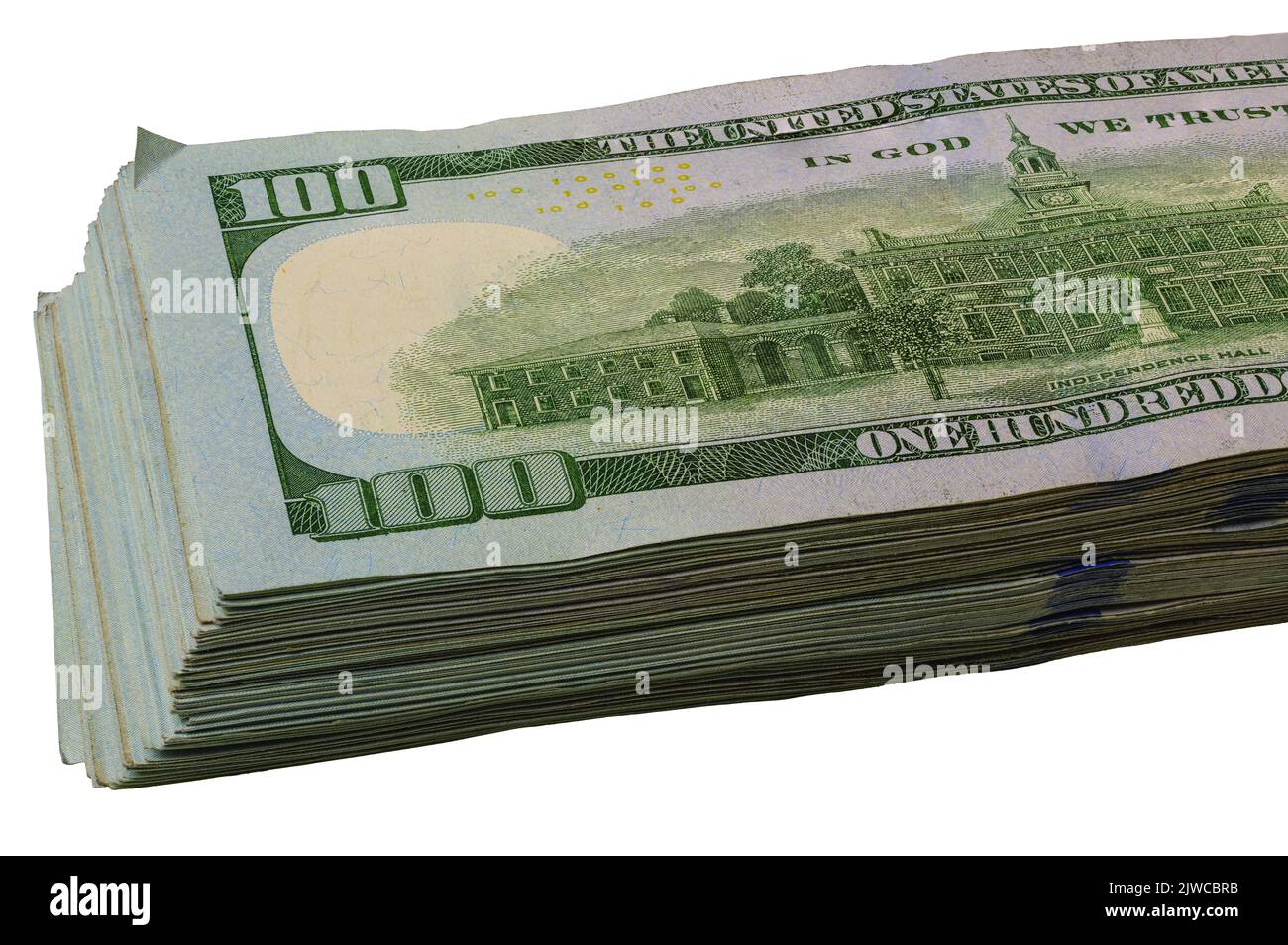 Close up view of pack of 100 dollars banknotes isolated on white ...